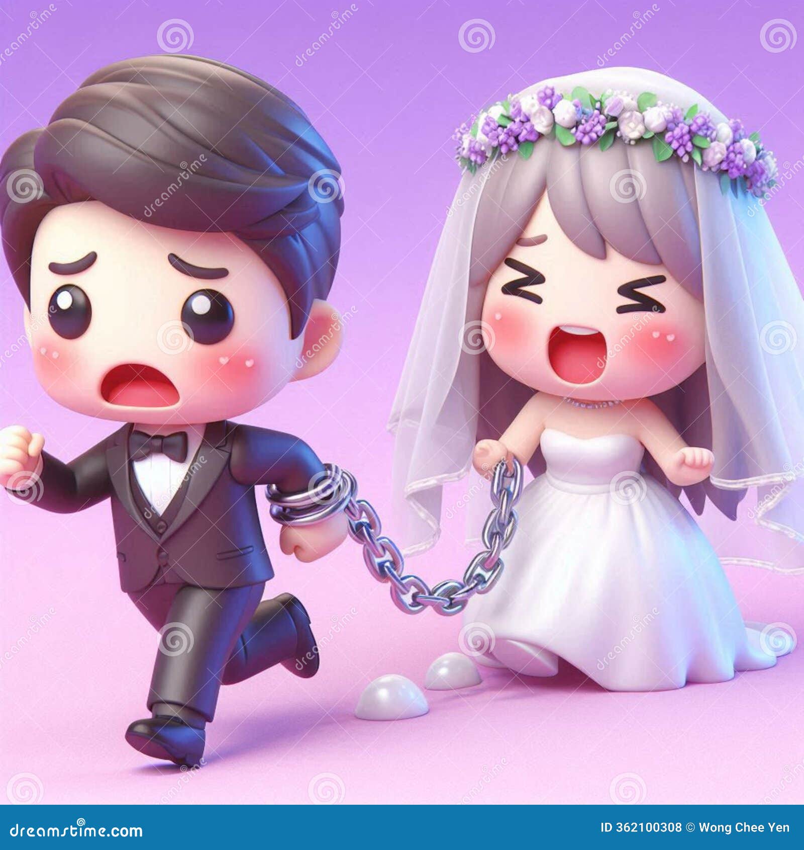 3d Cute Scared Groom Chained Figure Run from Crying Bride Stock ...