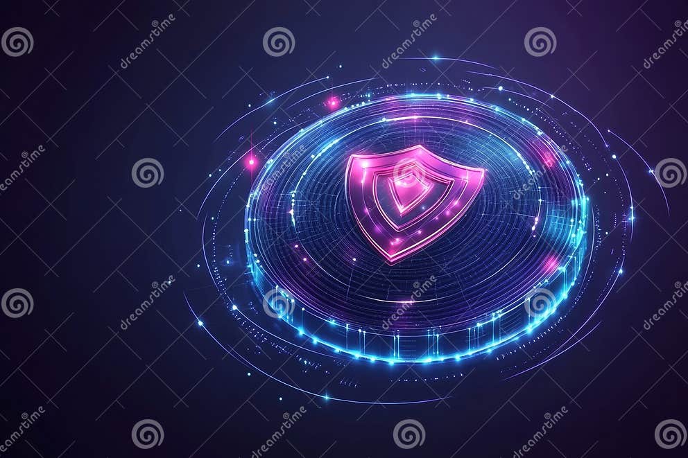 3D Cyber Security, Digital Shield Icon Surrounded by Neon Circle Structure, Protection Concept ...