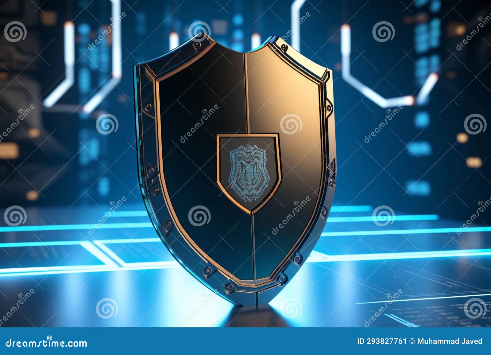 3D Defense Shield on a Backdrop of Advanced Technology Design Stock ...