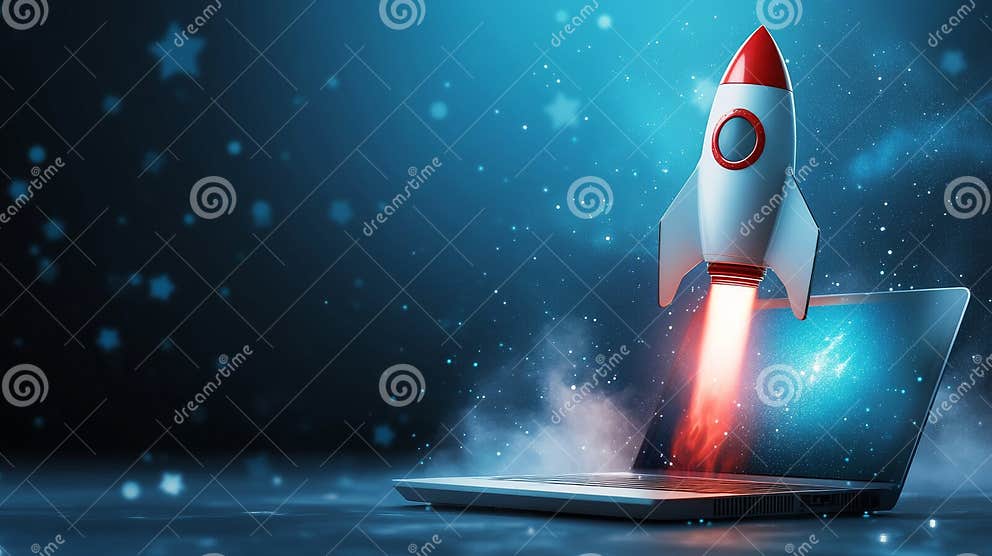 An 3D Design Featuring a Rocket Launching from a Laptop Screen on a ...