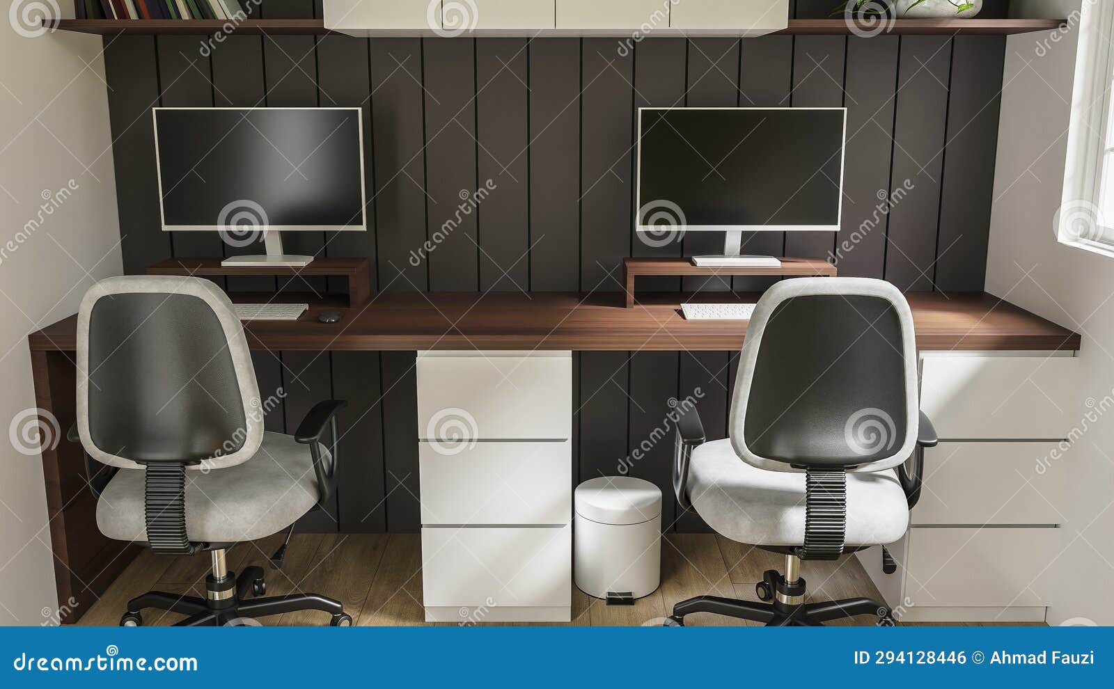 Home Office Interior with Computer and Bookshelf. 3D Rendering Stock ...