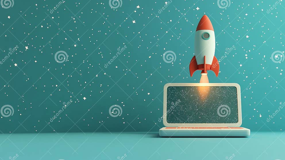 3D Design of a Rocket Launching from a Laptop Screen. Stock Image ...