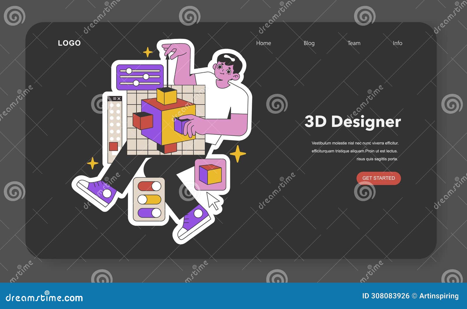3D Designer Shaping Digital Realities. Flat Vector Illustration. Stock ...