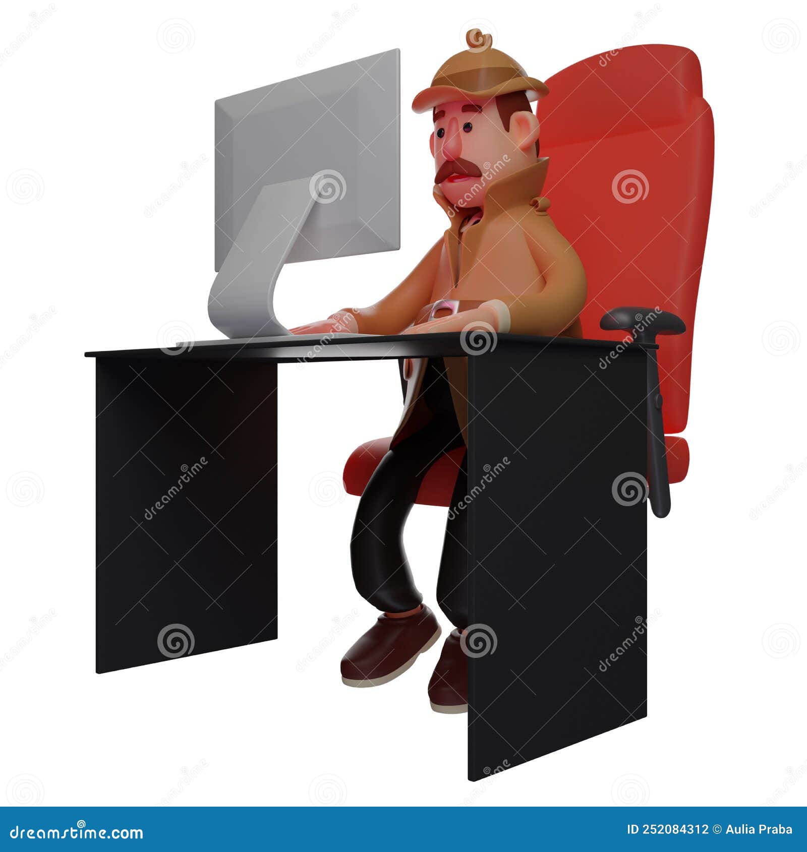 3D Detective Cartoon Design Working with a Computer Stock Illustration ...
