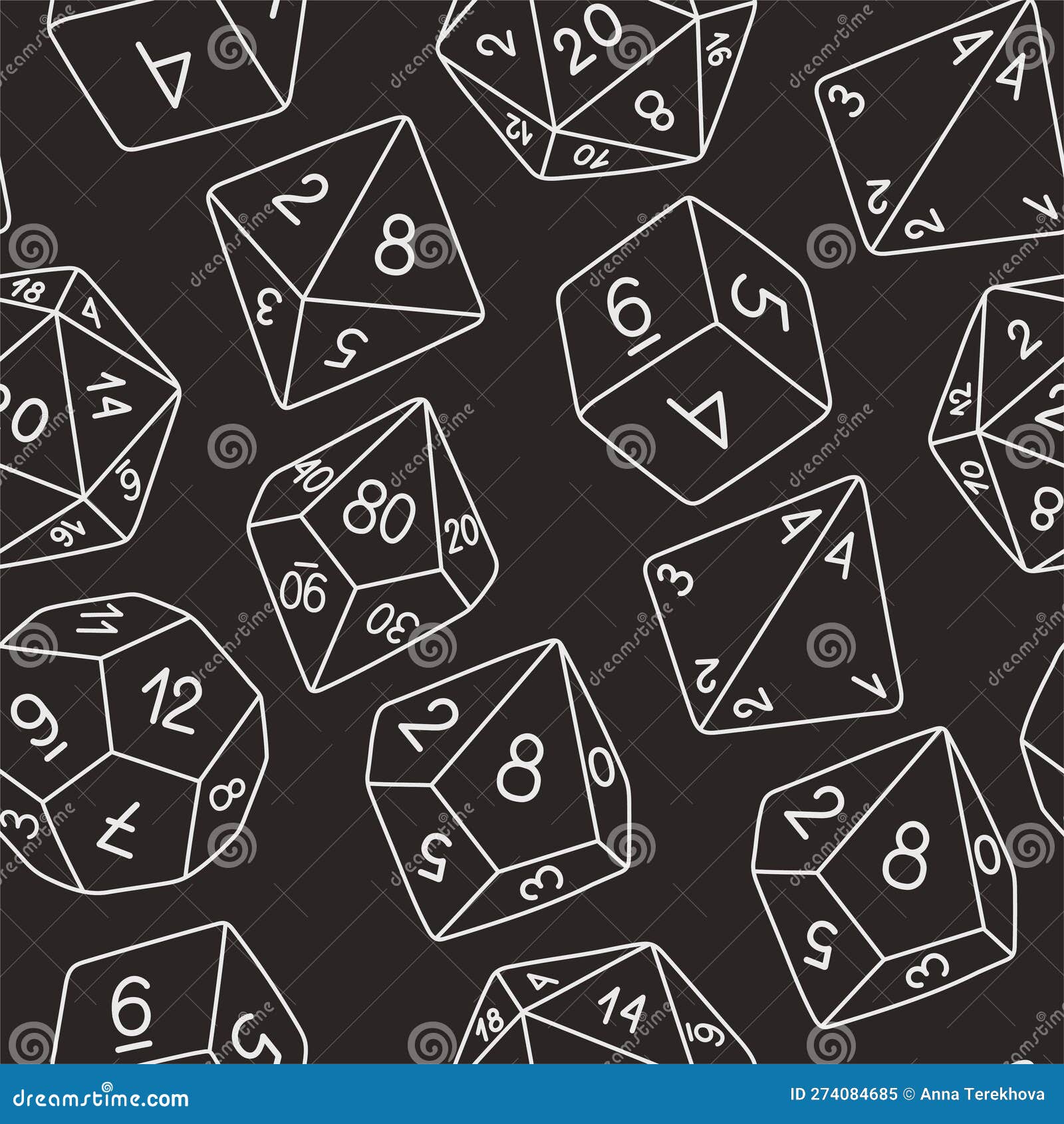 D8 D10 D12 D20 Dice for Board Games Seamless Pattern, RPG Dice Set for ...