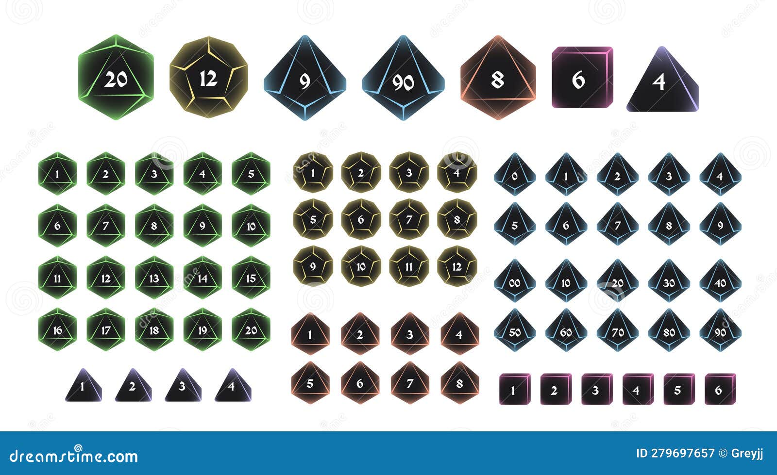 D4, D6, D8, D10, D12, and D20 Dice Icons for Boardgames with Numbers ...