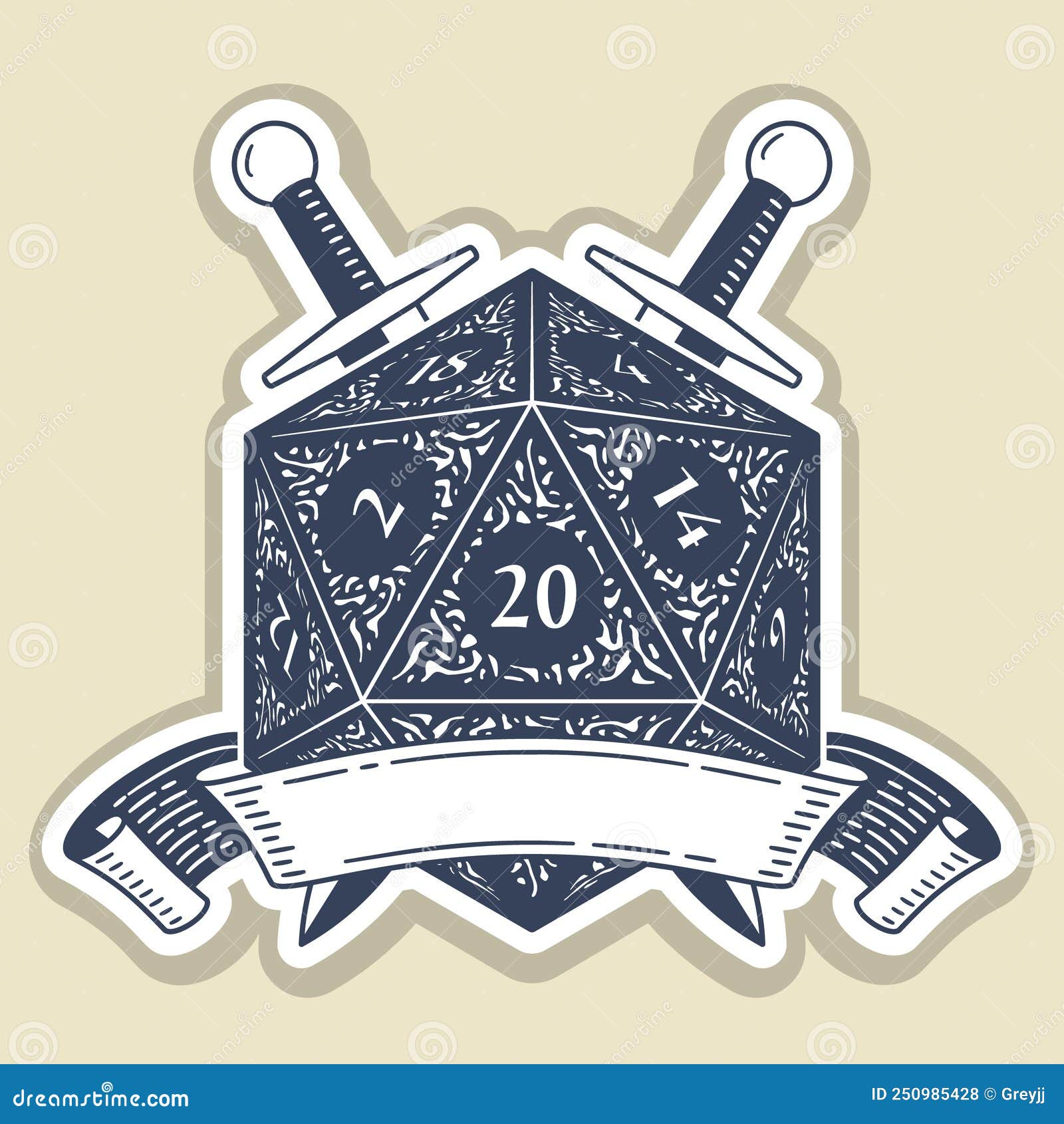 D20 Die With Ribbon And Swords. Outline Style Cartoon Vector ...