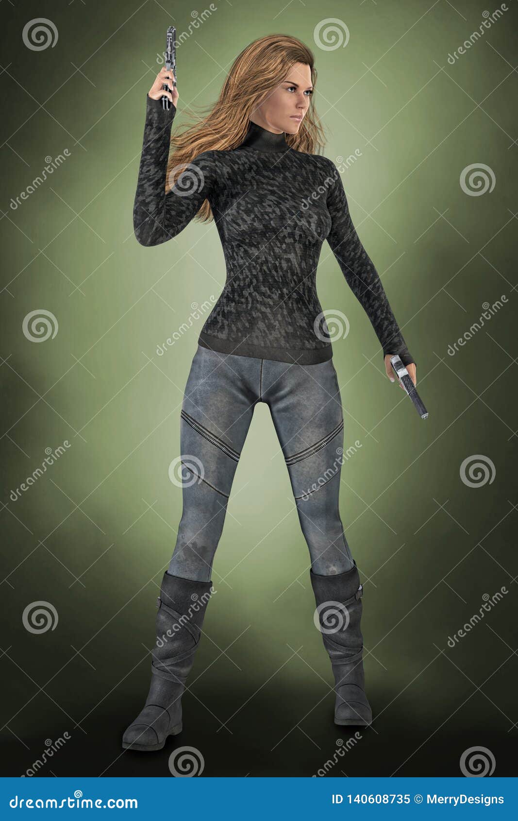 Strong Assertive Woman Holding Two Guns In A Ready For Action Pose