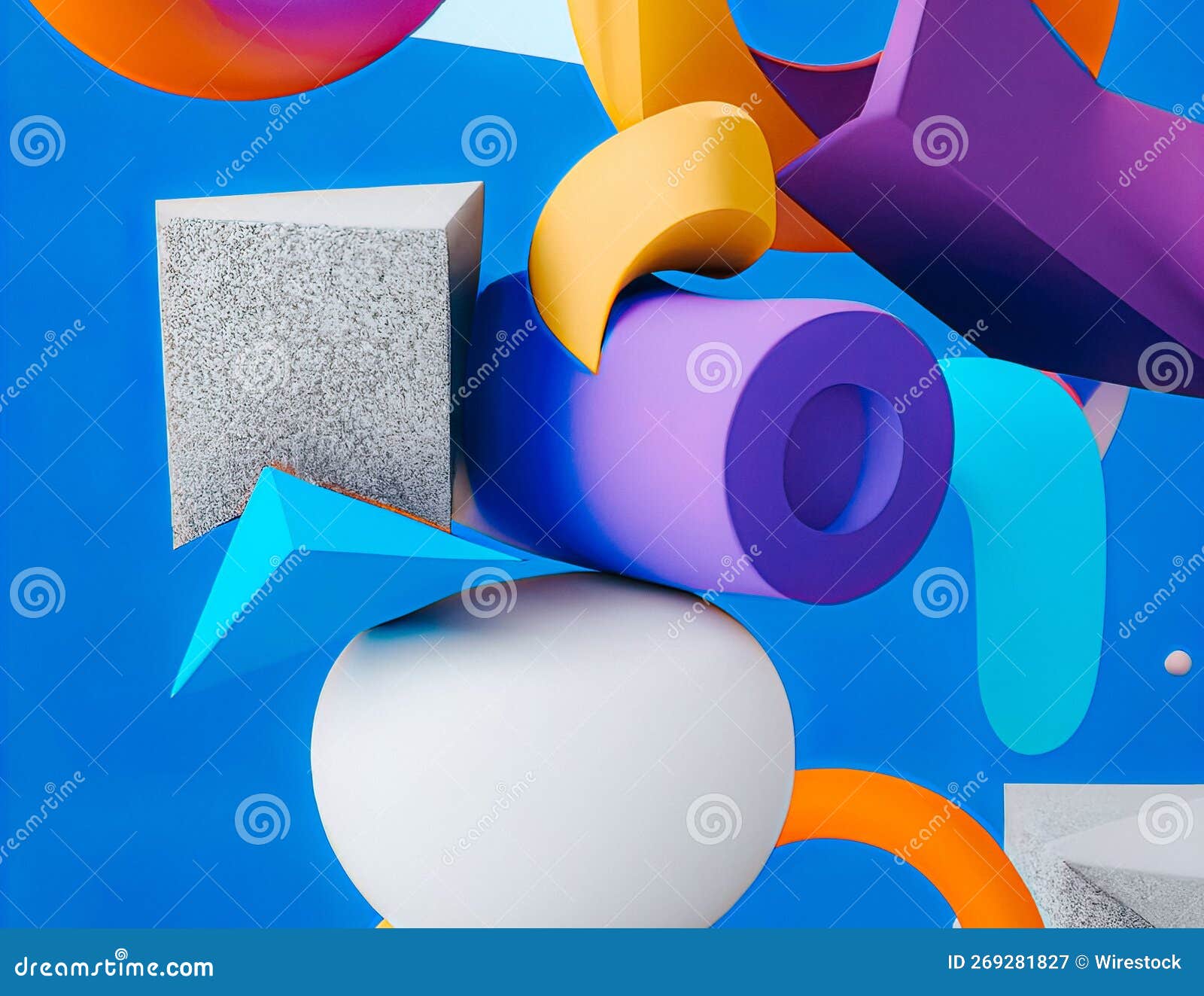 3D Digital Illustration of Random Geometric Shapes on Blue Background ...
