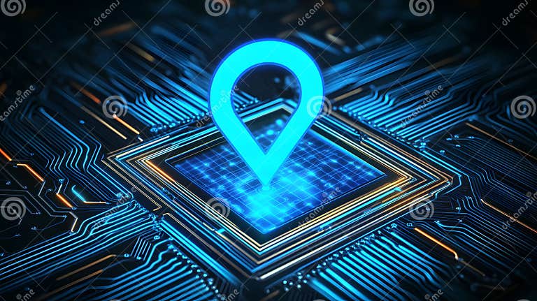 3D Digital Location Pin on a Microchip Background Stock Illustration ...