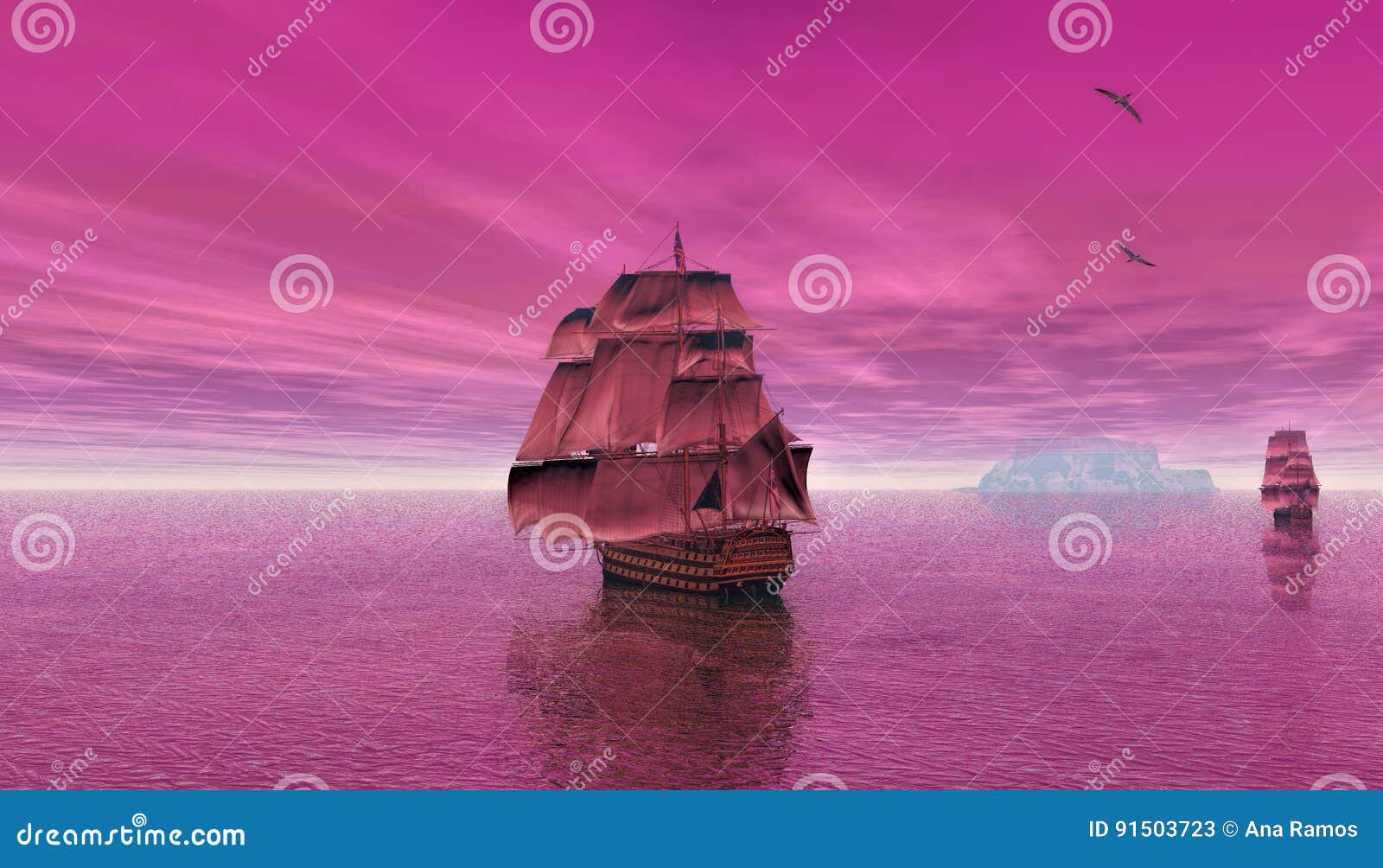 3D Digital Rendering of a Sailing Ship in the Early Morning Stock ...