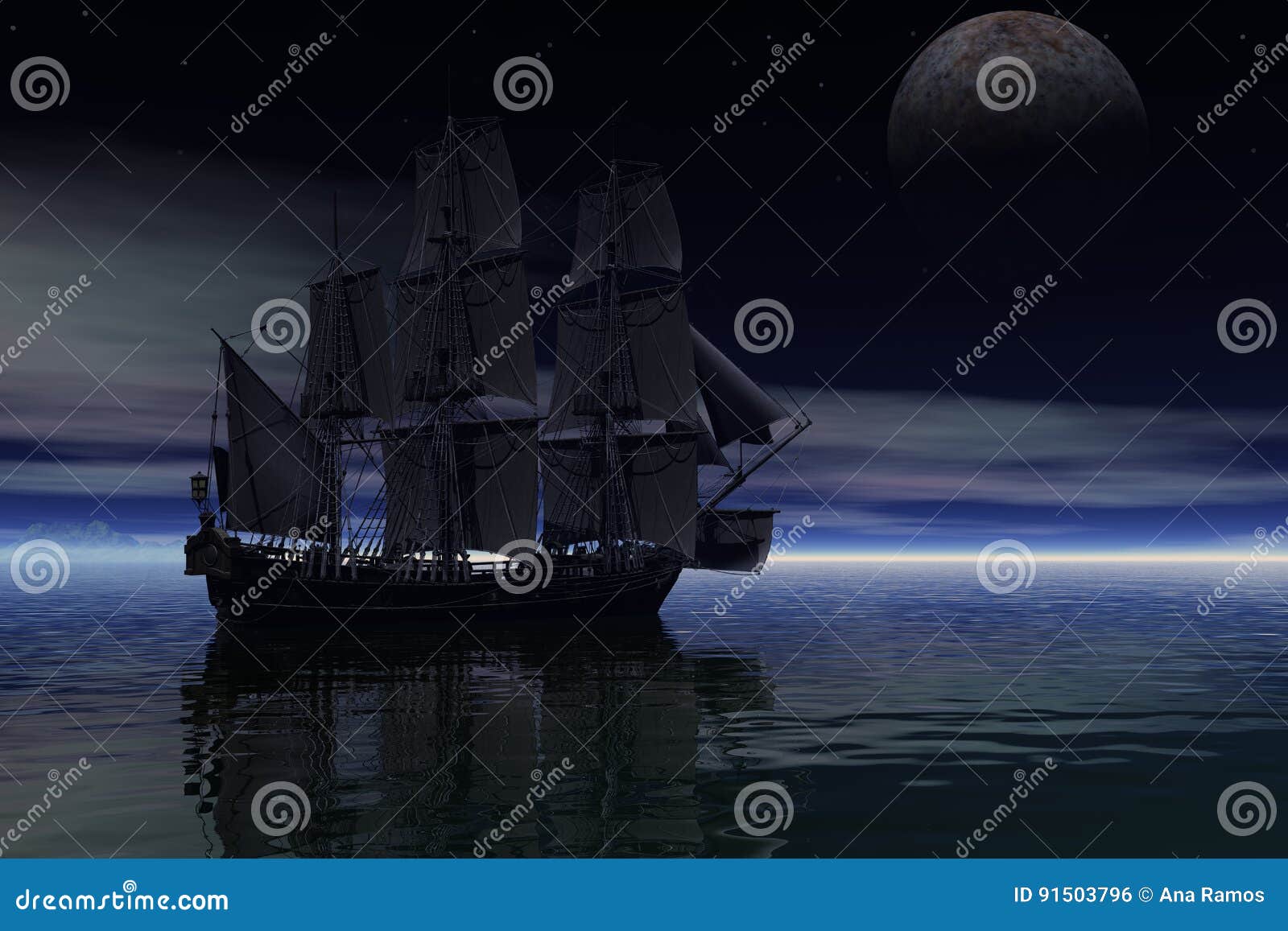3D Digital Rendering of a Sailing Ship in the Early Morning Stock ...
