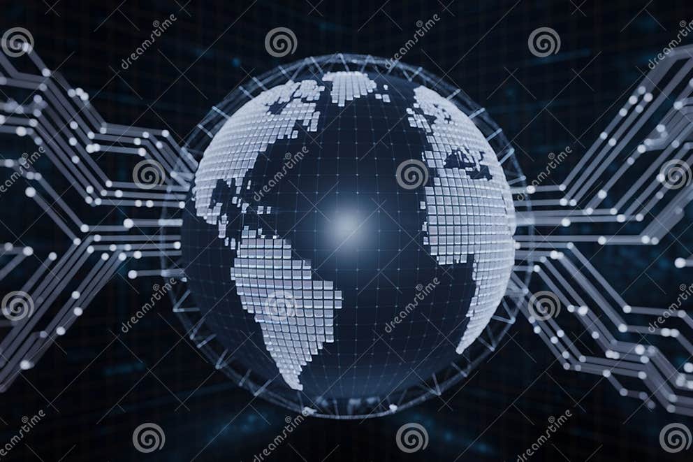 3D Digital Earth Enveloped in Grid Structure, Abstract Data Streams ...