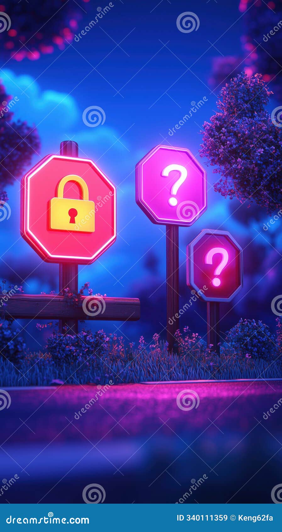 3D Digital Security Icons Featuring Lock and Question Marks in Neon ...