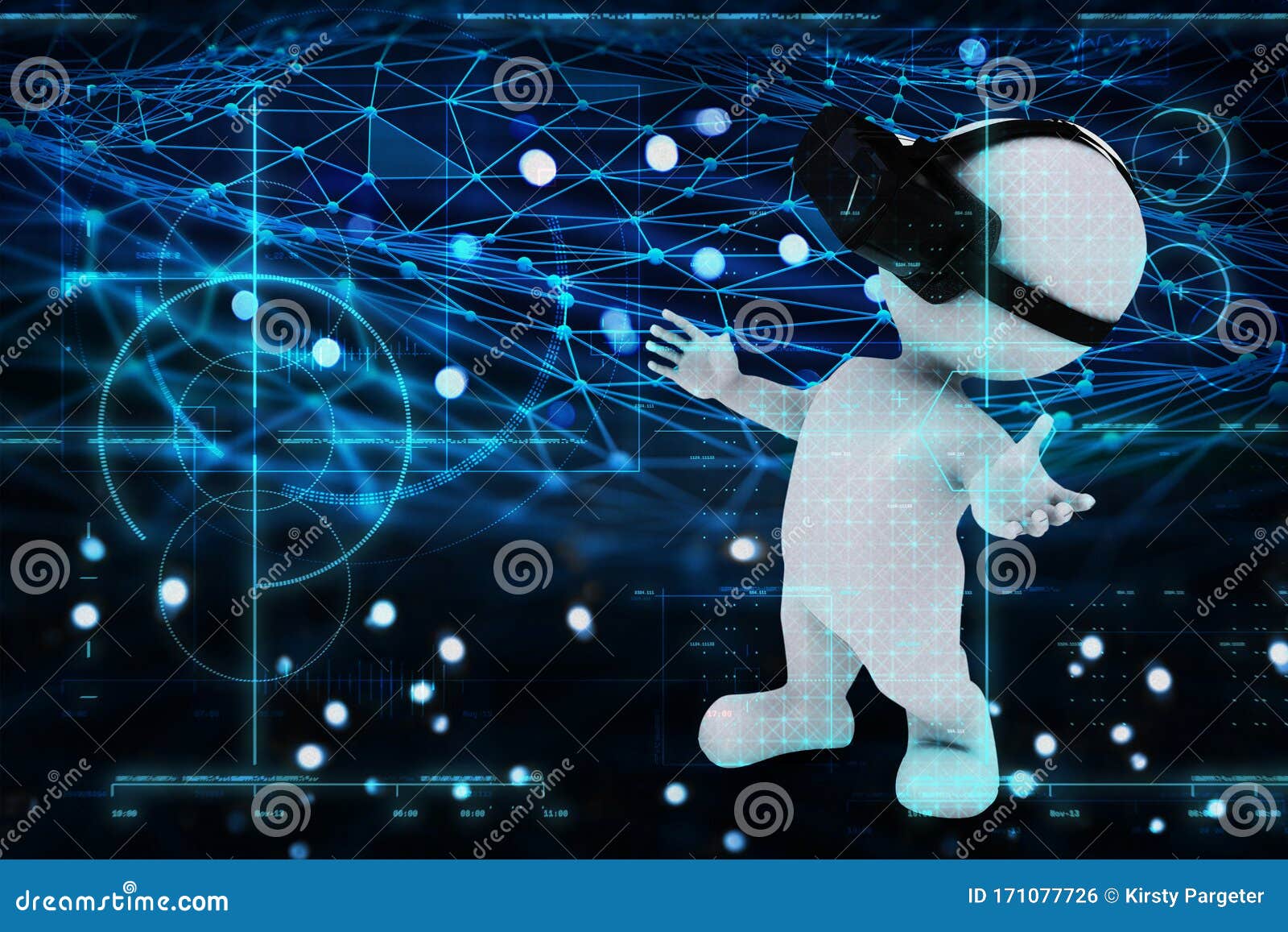 3D Digital Technology Background with Figure Wearing Virtual Reality ...