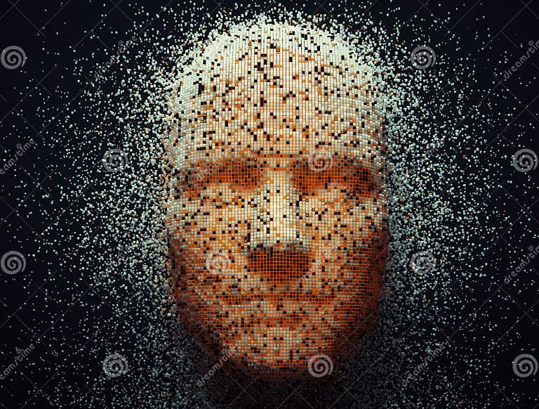 3D Dissolving Human Head Made with Cube Particles Stock Illustration ...