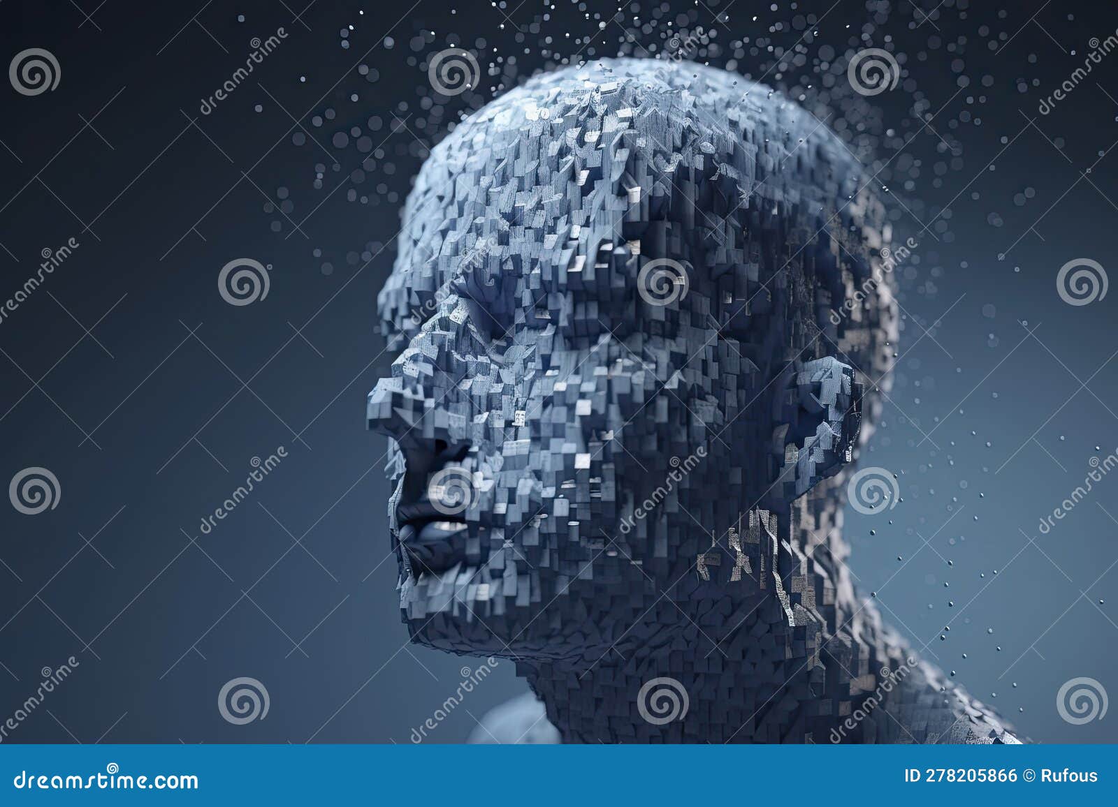 3d Dissolving Human Head Made With Cube Shaped Particles Stock