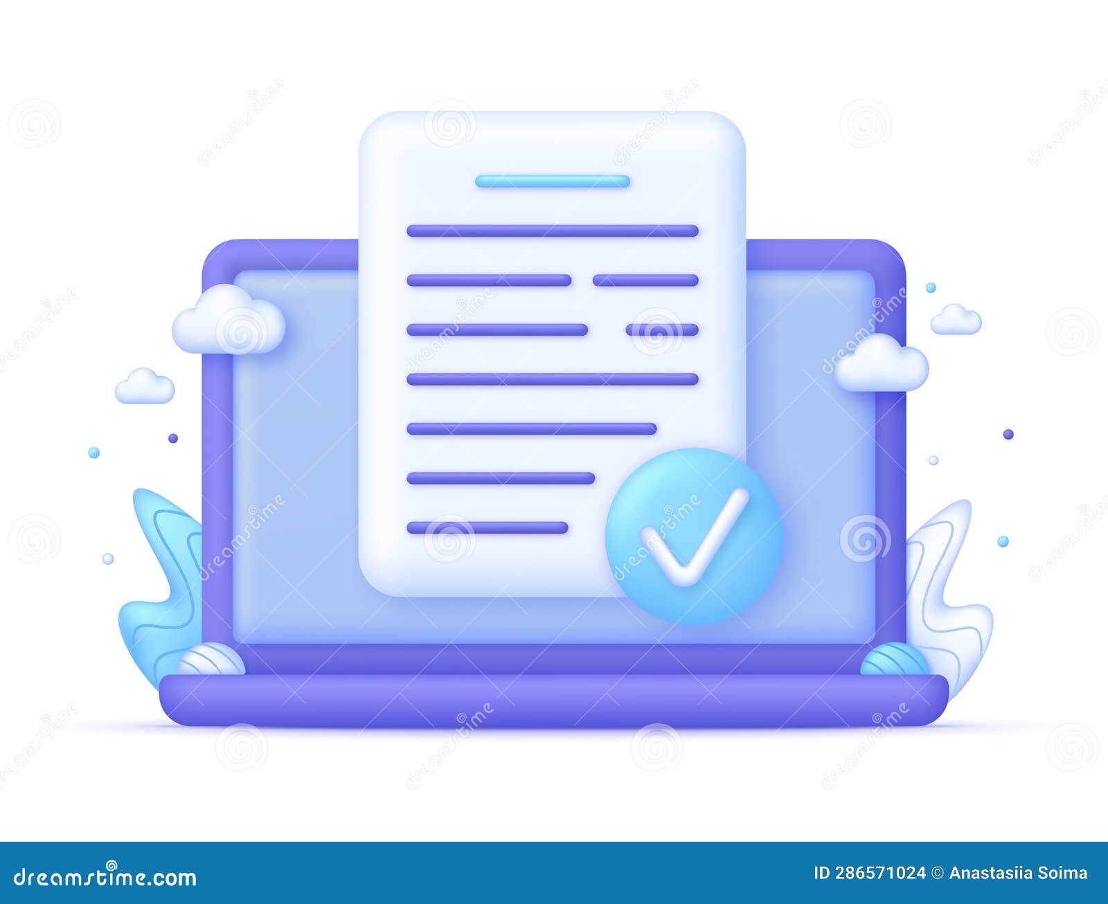 3D Document with Check Mark on Computer. Correctly Icon. Symbols for ...