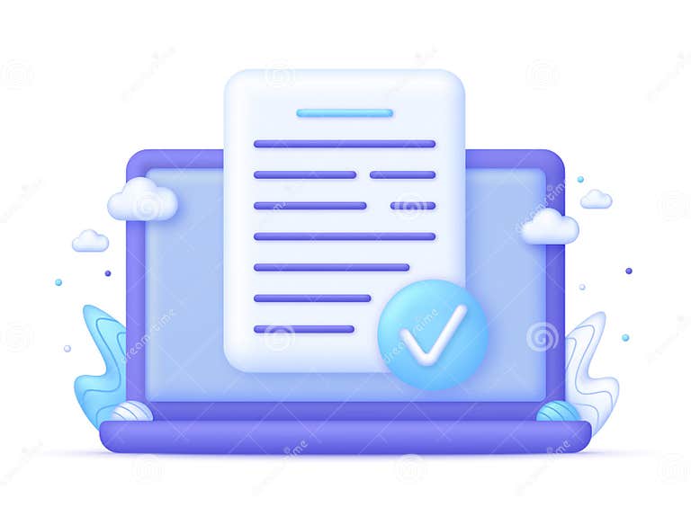 3D Document with Check Mark on Computer. Correctly Icon. Symbols for ...