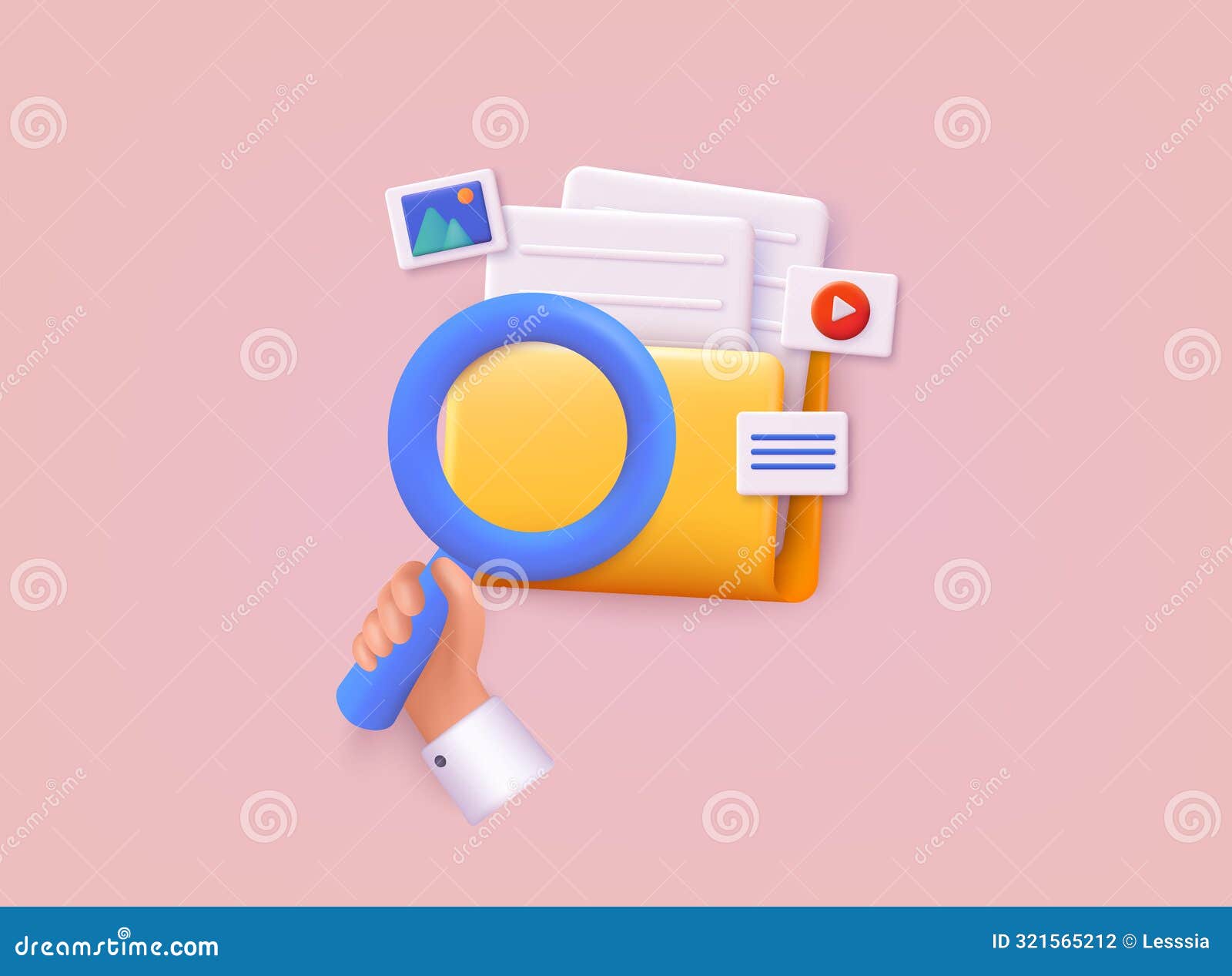3D Document List Icon. Paper Document. Folder with Magnifying Glass and ...