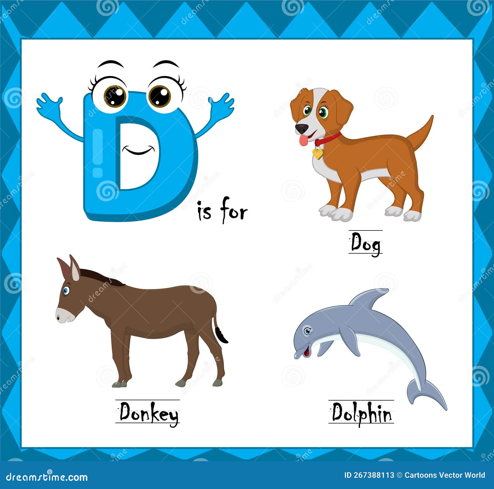 Letter D Vector, Alphabet D for Dog, Dolphin, Donkey Animals, English ...
