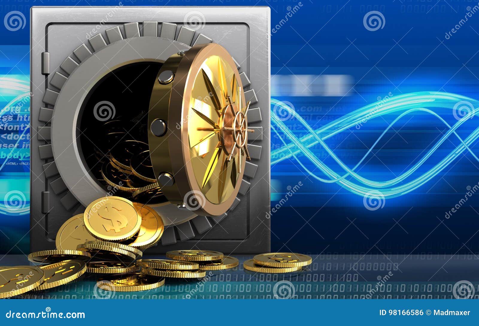 3d Dollar Coins Over Digital Waves Stock Illustration - Illustration of ...