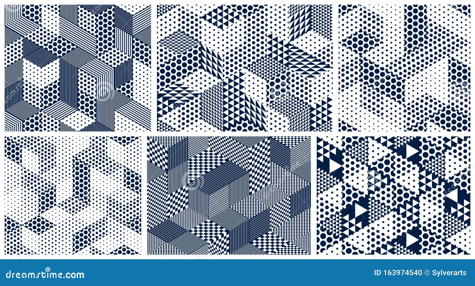 3D Dotted Cubes Seamless Patterns Vector Backgrounds Set, Dots ...