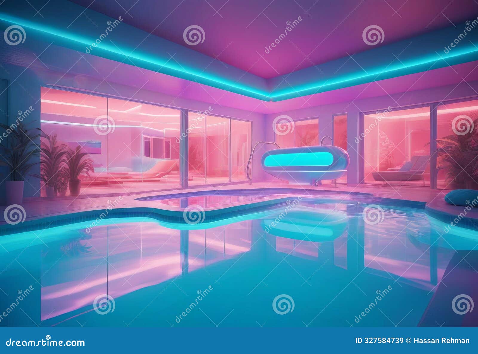 3D Dream Home with Neon Lights and a Pool Paradise Stock Illustration ...