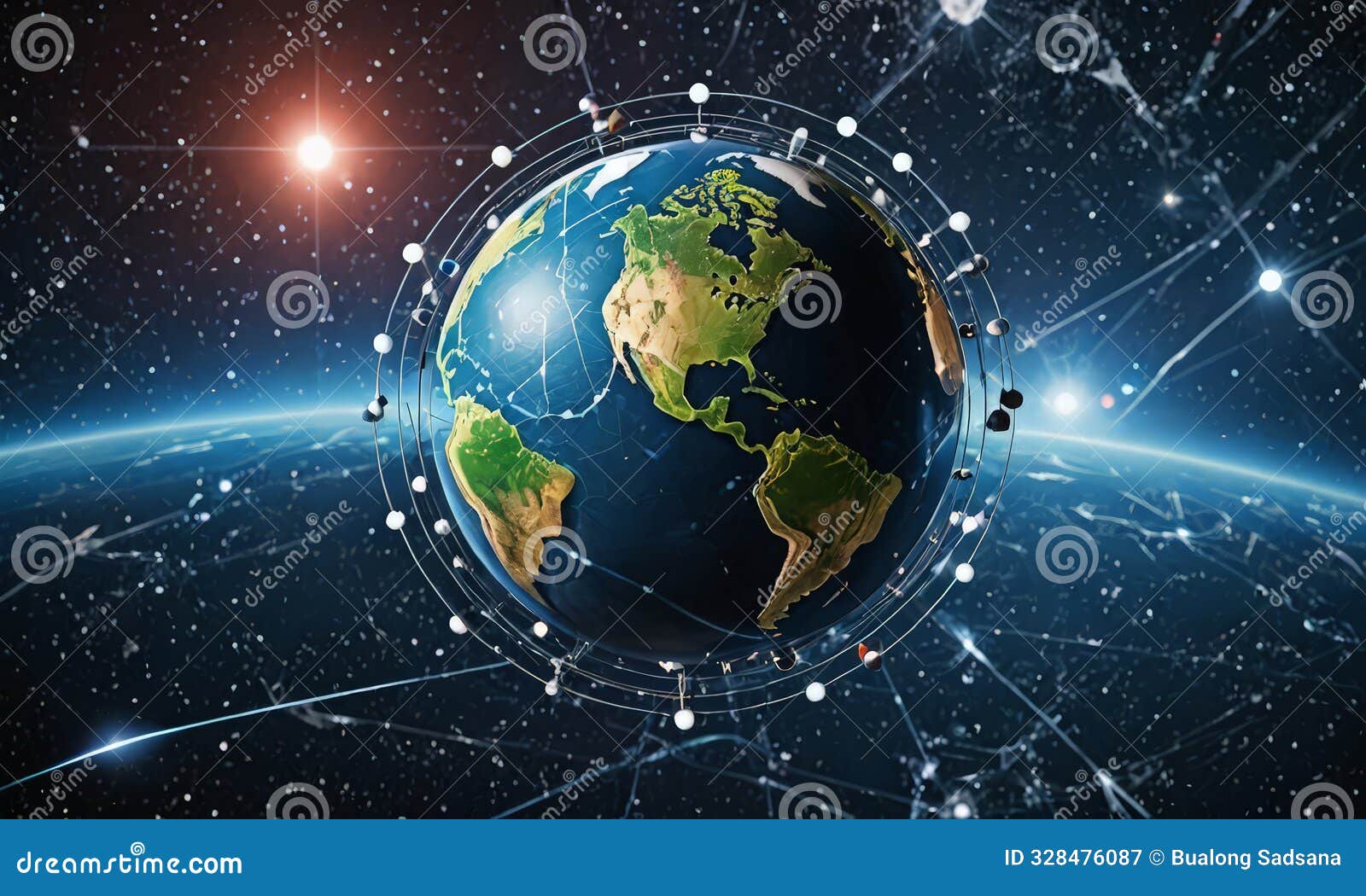 3D Earth, Surrounded By Network Interconnected Lines, With Red Star In ...