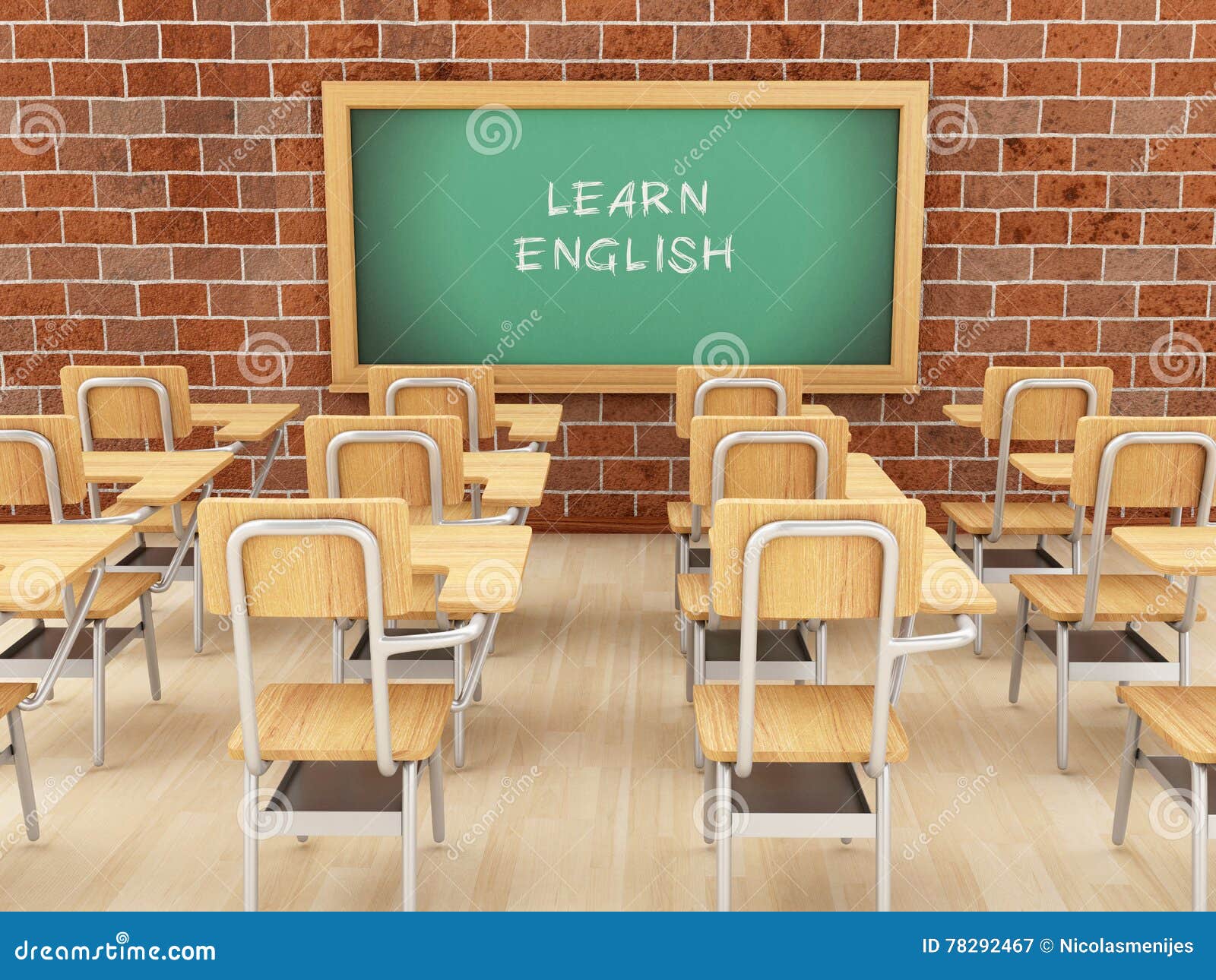 3d Empty Classroom and Chalkboard with Learn English. Stock ...