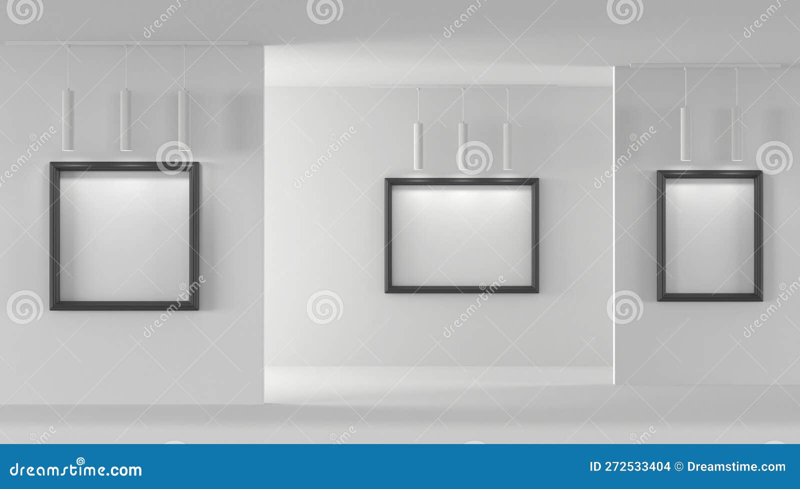 3D Empty Gallery with Blank Picture Frames on Walls and Pendant Ceiling ...
