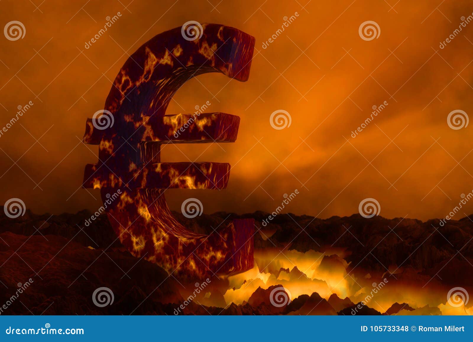 3D Euro Symbol Burning on Lava Surface Stock Illustration ...