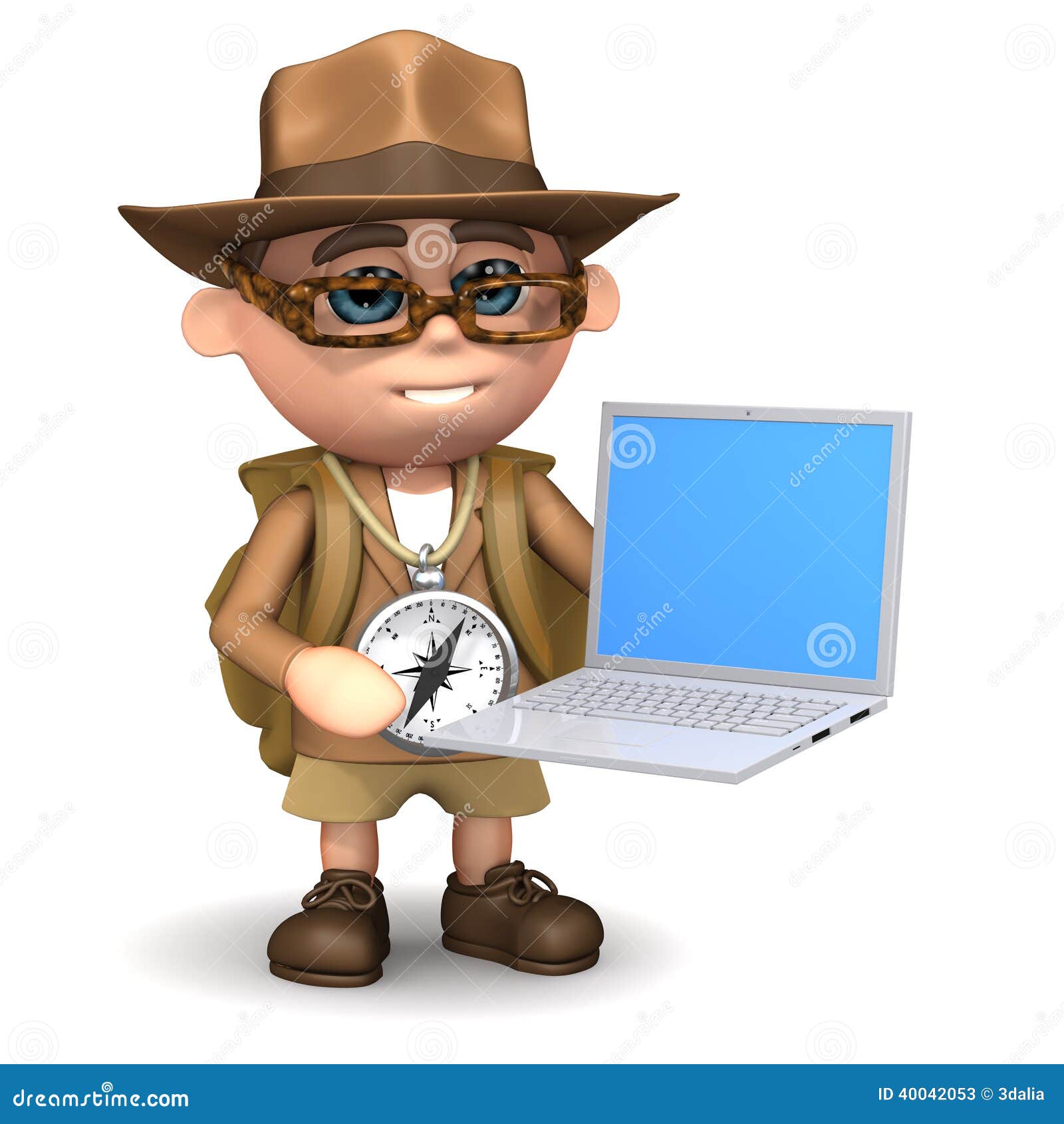 3d Explorer with laptop stock illustration. Illustration of character ...