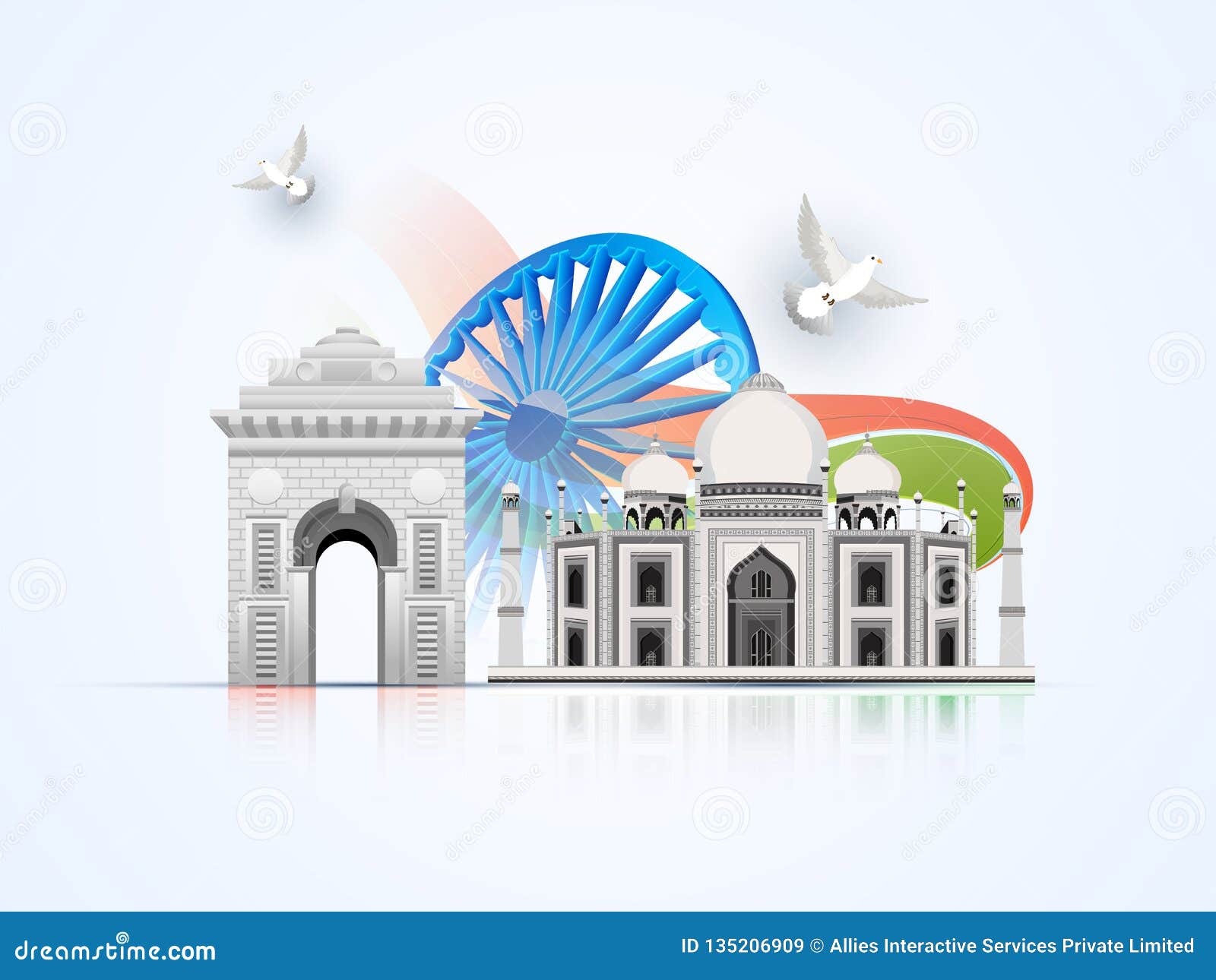 3D Famous Monuments of India with Ashoka Wheel. Stock Illustration ... 3D Famous Monuments of India with Ashoka Wheel. Stock Illustration ...