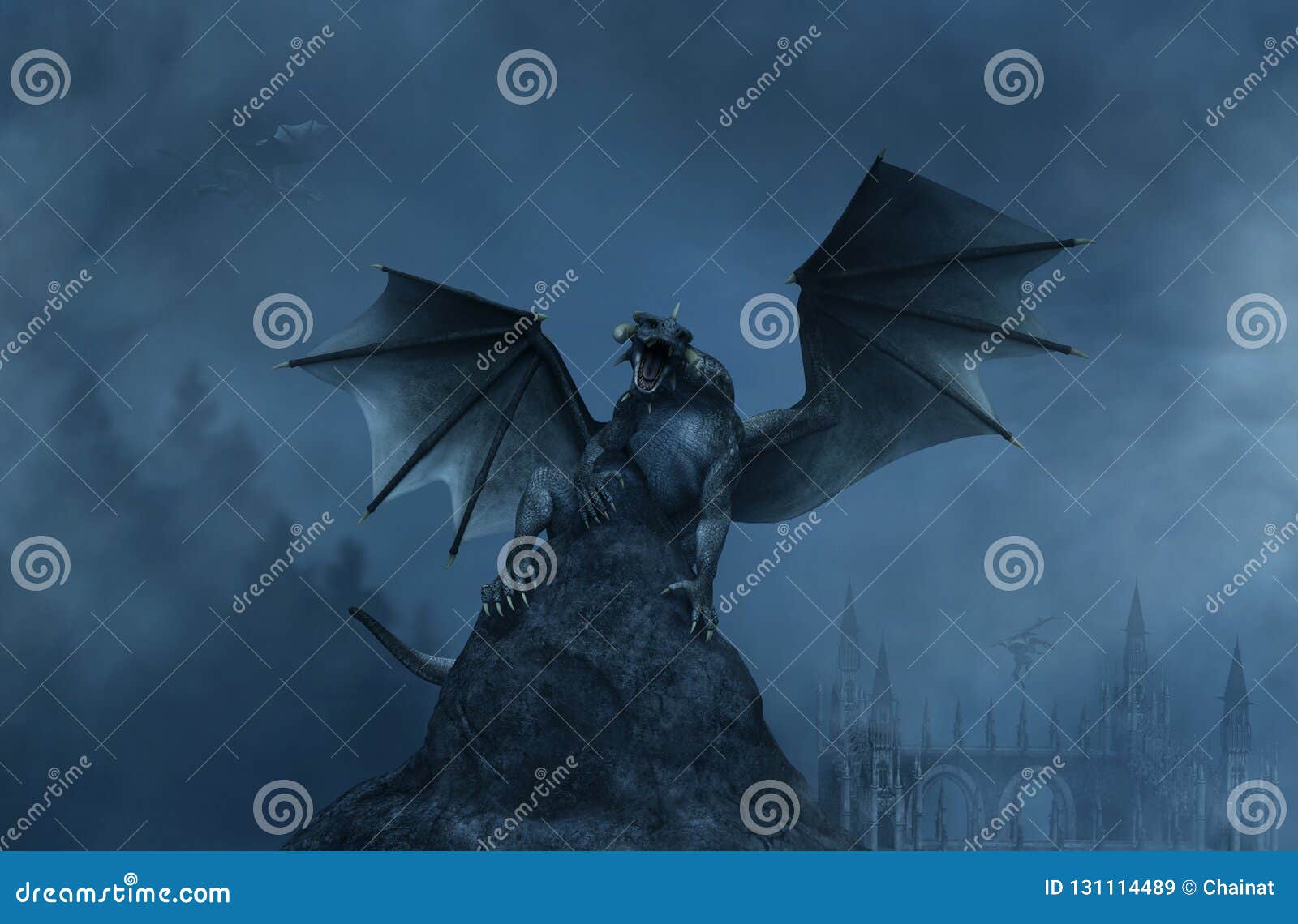 Fantasy Aggressive Dragon on the Rock Stock Illustration - Illustration ...