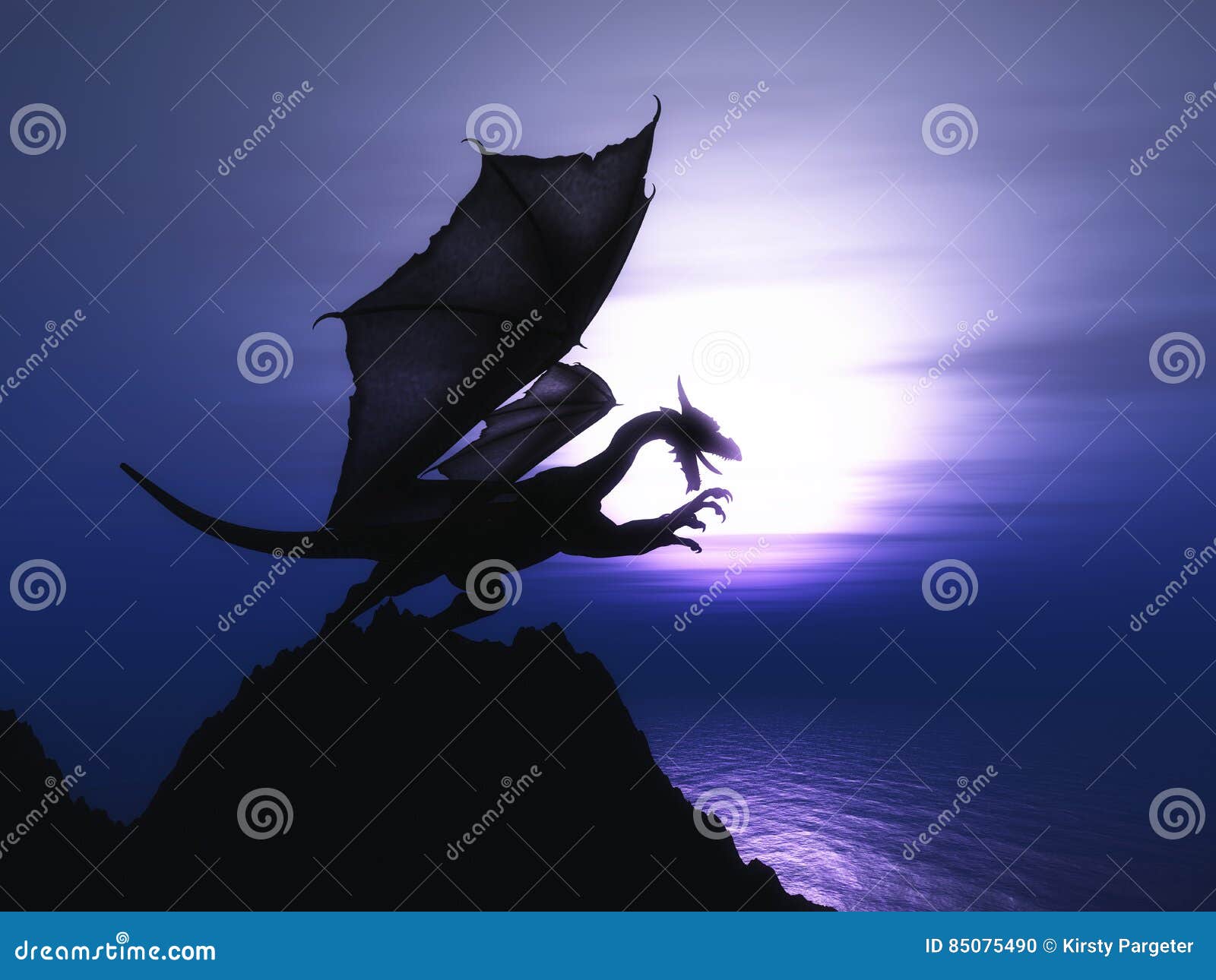 3D Fantasy Dragon Against Sunset Ocean Stock Illustration ...