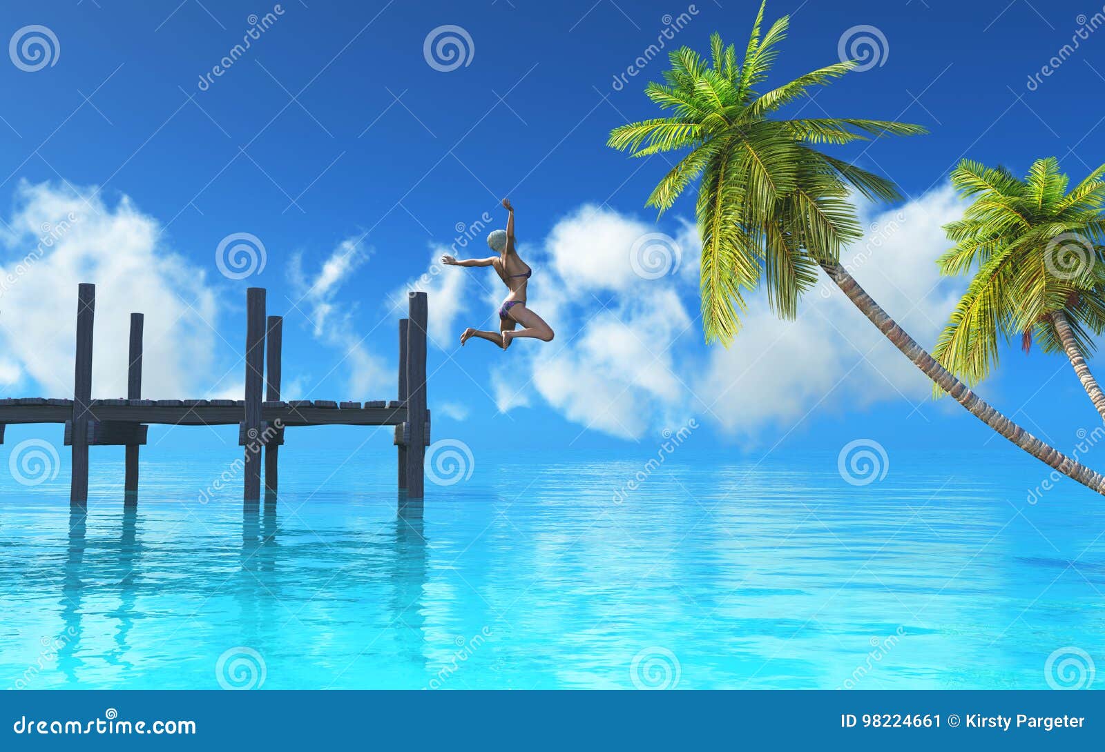 3D Female Jumping Off a Jetty into the Sea Stock Illustration ...