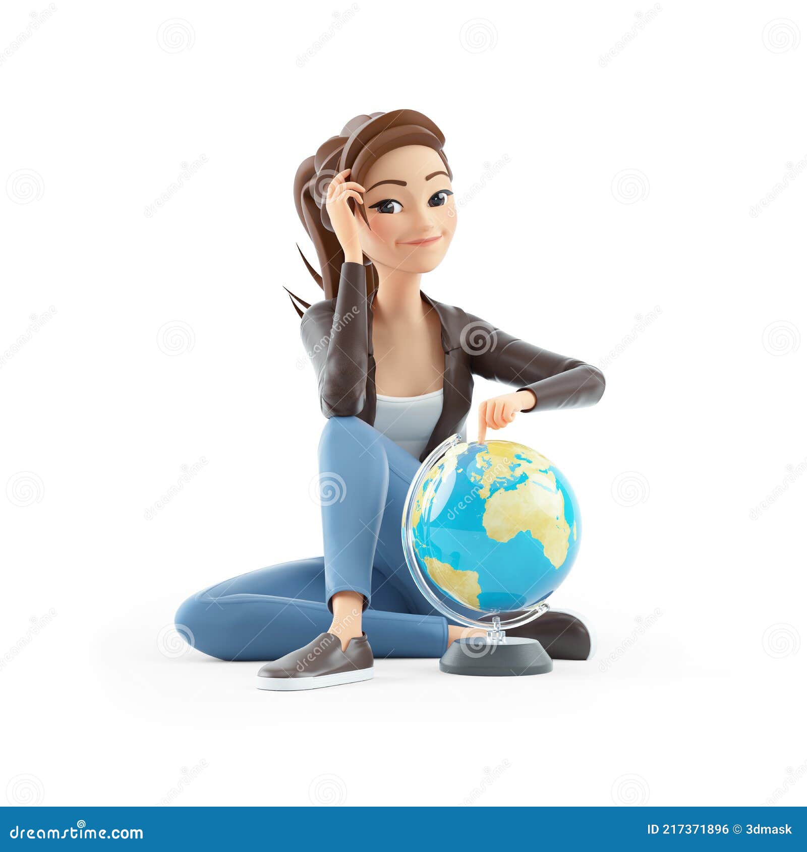 3d Femme De Dessin Animé Assis Sur Le Sol Avec Le Globe Terrestre