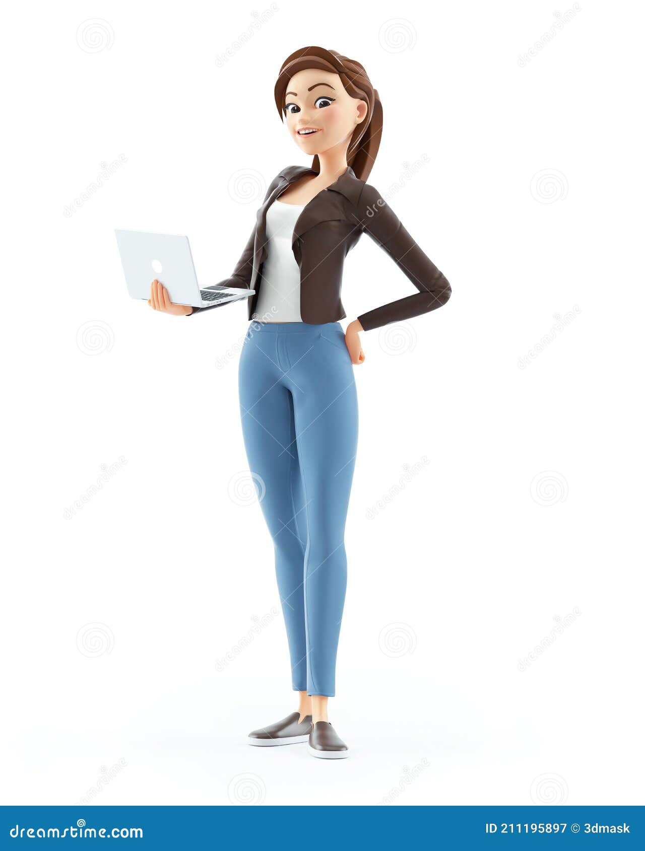 3d Femme De Dessin Animé Debout Avec Ordinateur Portable Illustration