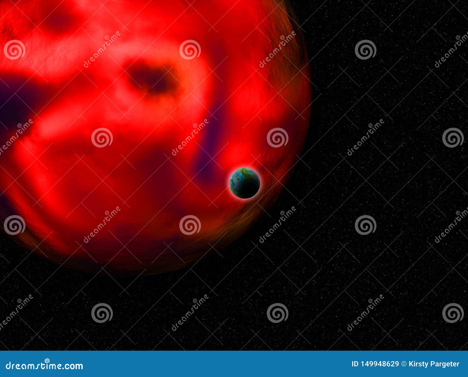 3D Fictional Space Scene with Earth Like Planet Against Glowing Red ...