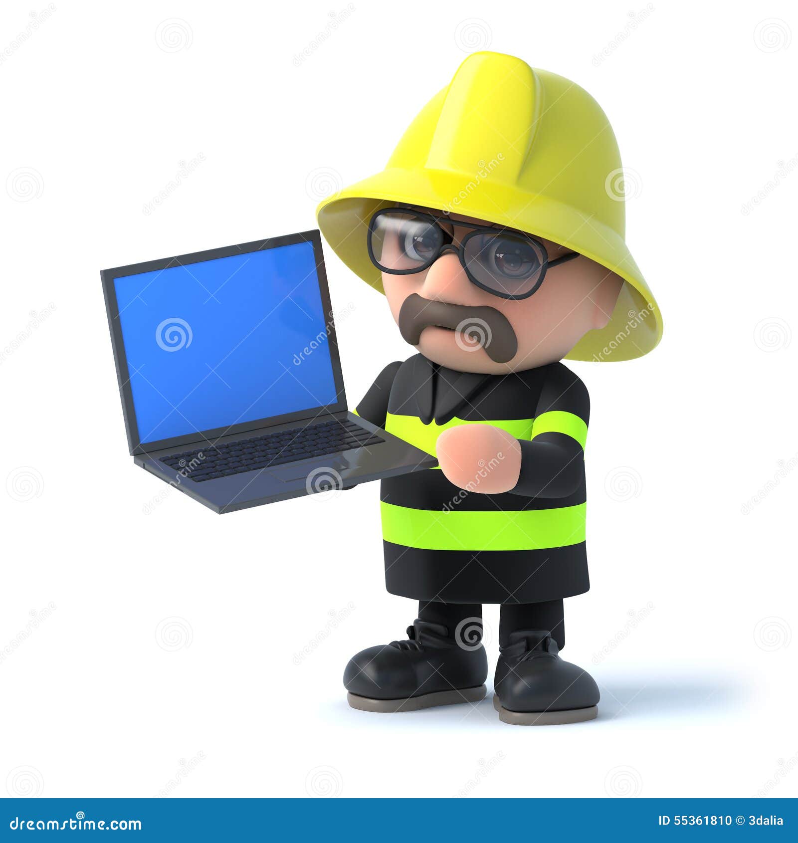 3d Fireman has a laptop stock illustration. Illustration of online ...