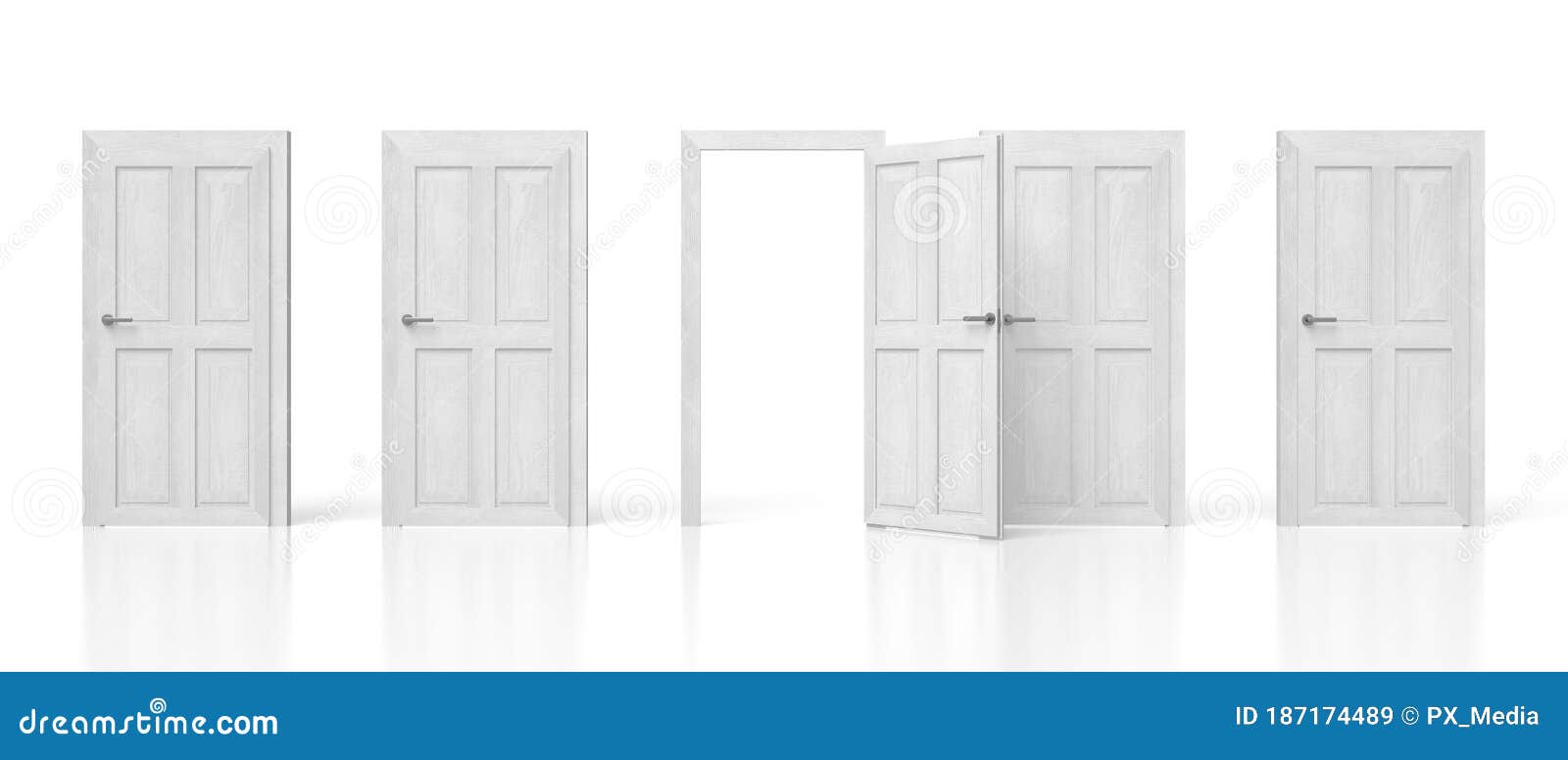 3D five doors concept stock illustration. Illustration of entrance ...