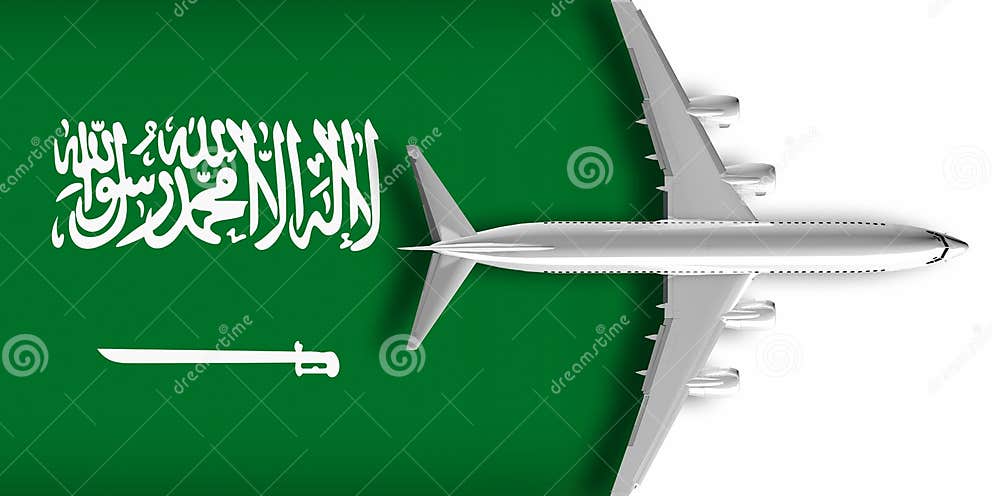 3D Flag of Saudi Arabia with an Airplane Flying Over it Stock ...