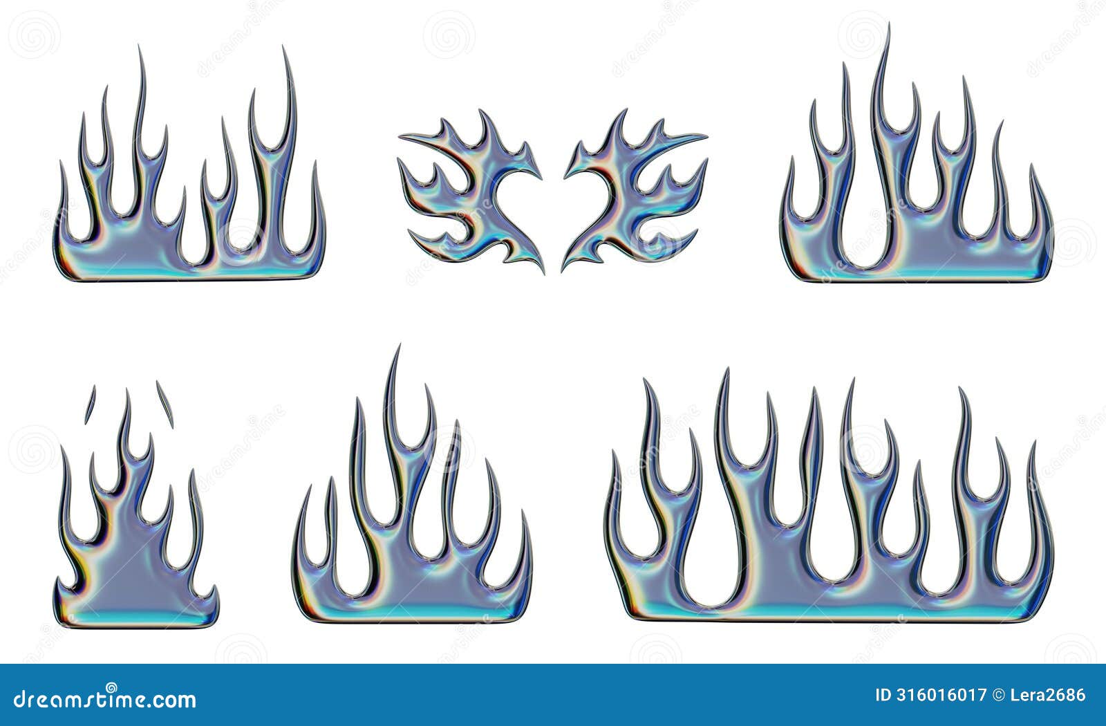 3D Flames. Set of Trendy Y2K Elements. Chrome Burning Fire Shapes with an Iridescent Effect. 3D ...