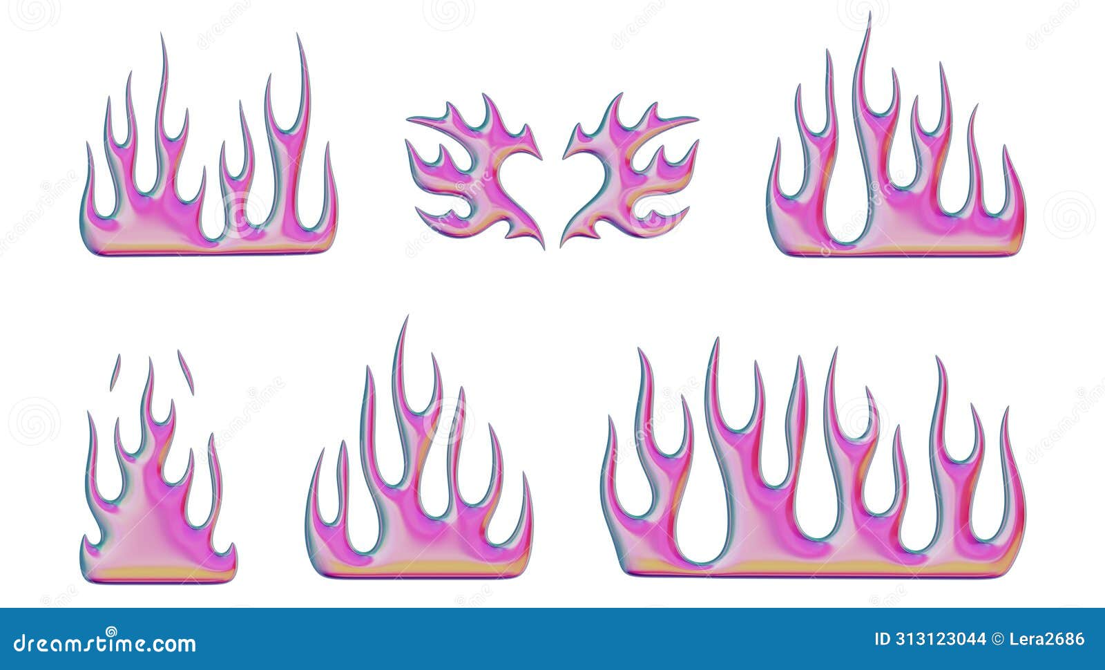 3D Flames. Set Of Trendy Y2K Elements. Chrome Burning Fire Shapes With ...