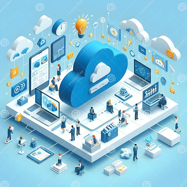 3d Flat As Cloud Computing and Remote Work Solutions with Connectivity ...