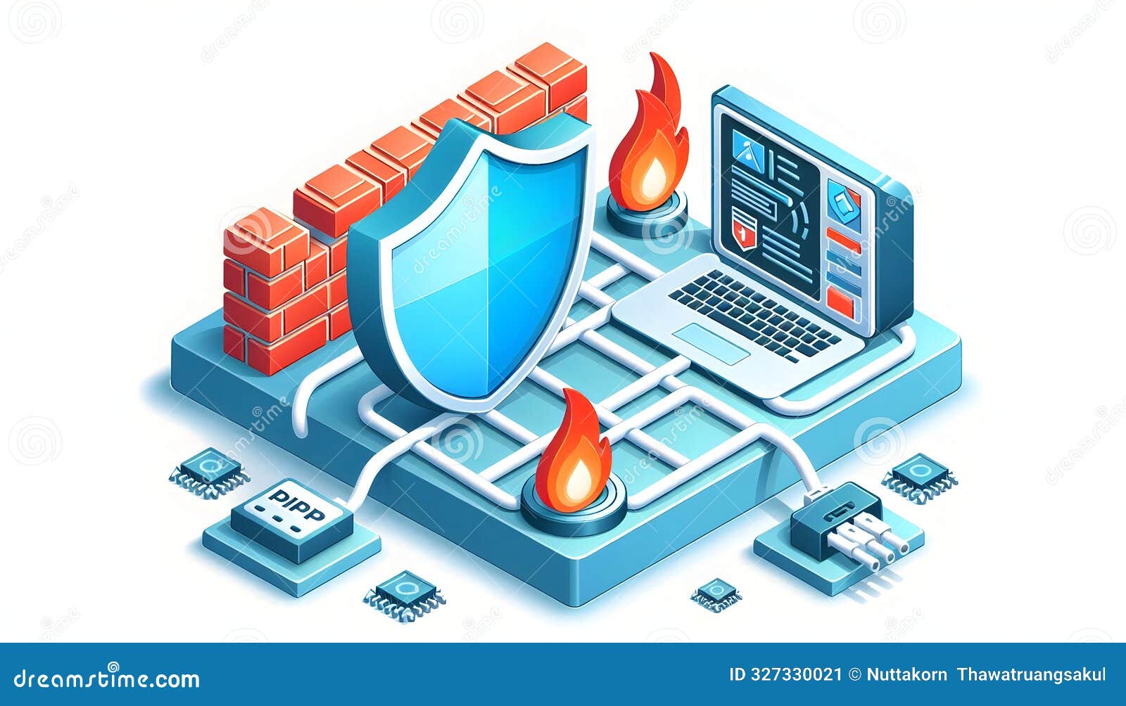 3d Flat As Network Firewall Icon with a Shield and Network Cable ...