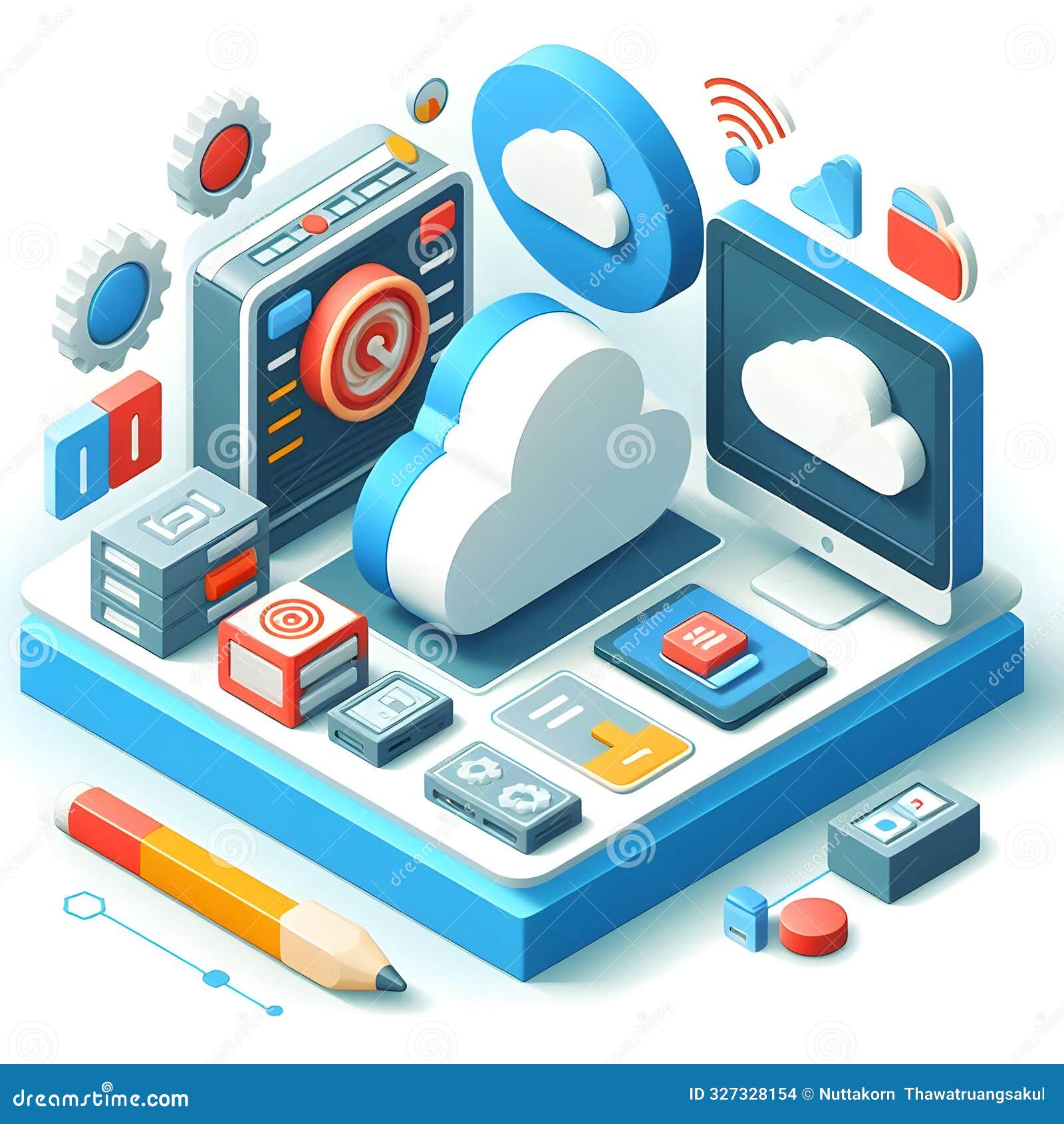3d Flat Icon As Cloud Computing Integration with Legacy Systems and Cloud Symbols Concept As ...