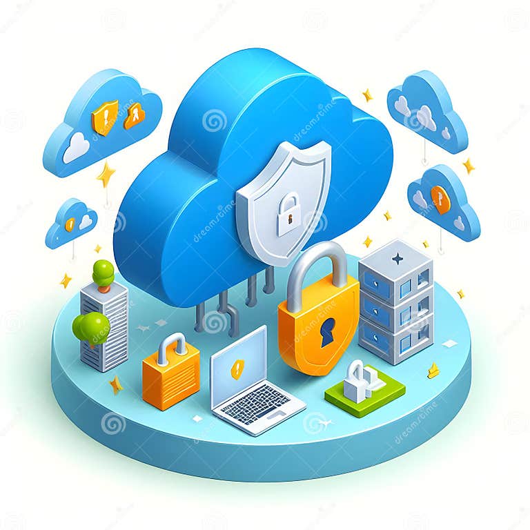 3d Flat Icon As Cloud Computing Security with Shield and Lock Symbols Concept As Vector Icons ...