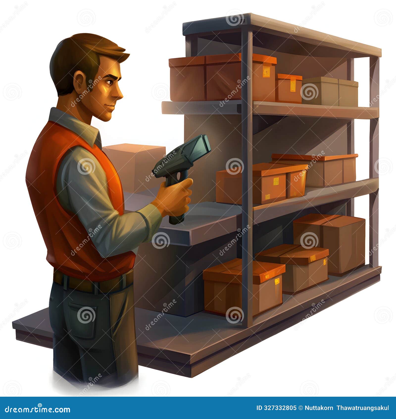 3d Flat Icon As Inventory Specialist with Barcode Scanner and Shelves ...